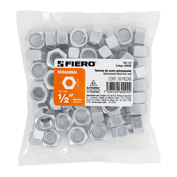 TUE1/2 - FIERO - Tuerca hexagonal galvanizada de 1/2" (50 piezas) – INCOM SHOP